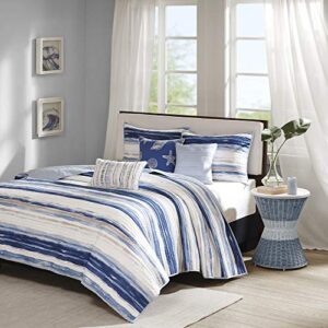 madison park quilt set cottage coastal design, 6 piece set - all season, coverlet bedspread lightweight bedding layer, shams, toss pillows, full/queen(90"x90"), blue/white