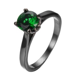 junxin round shaped emerald green may birthstone solitaire ring black gold plated size6/7/8/9/10(9)