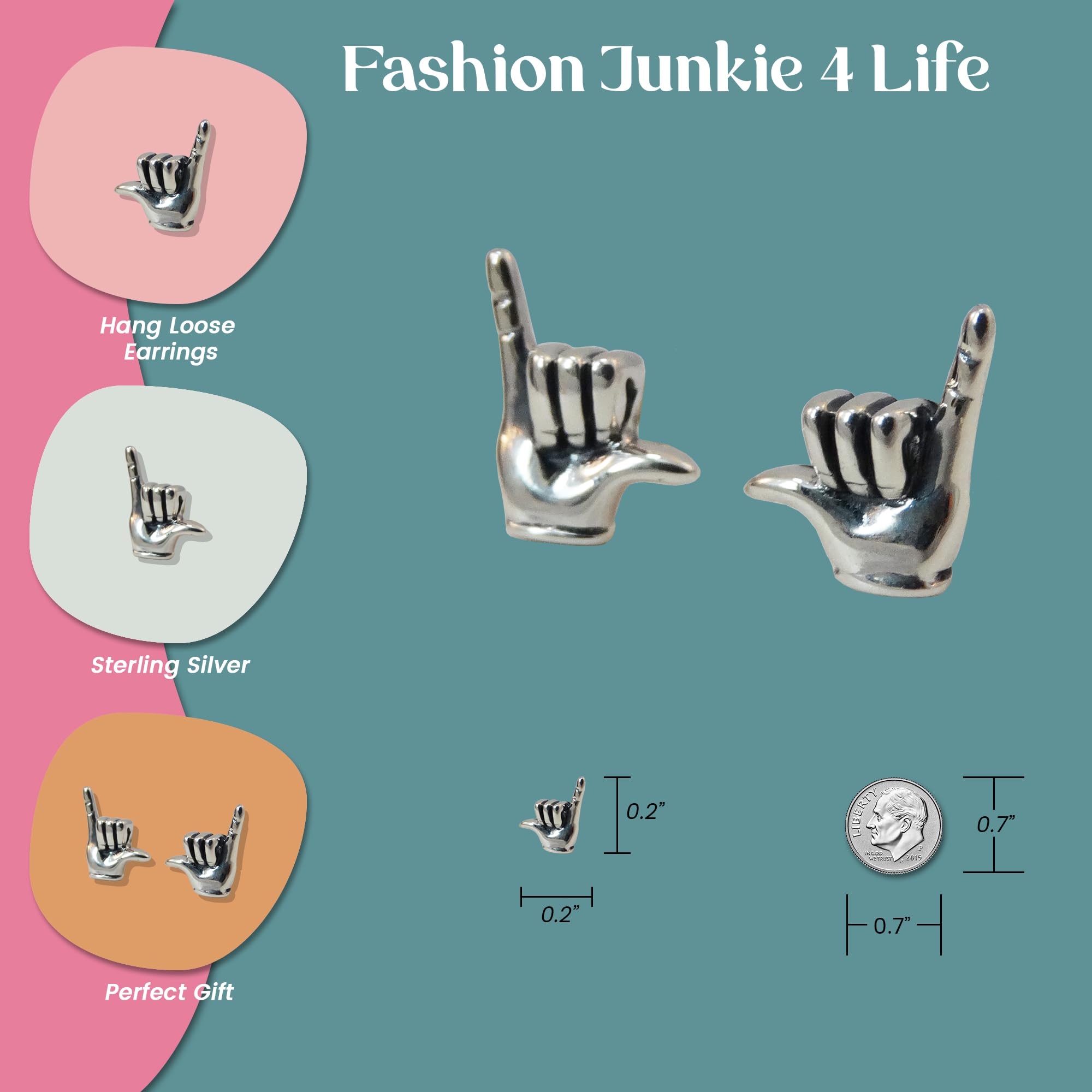 FashionJunkie4Life Sterling Silver Aloha Hang Loose Post Stud Earrings, ASL Letter Y