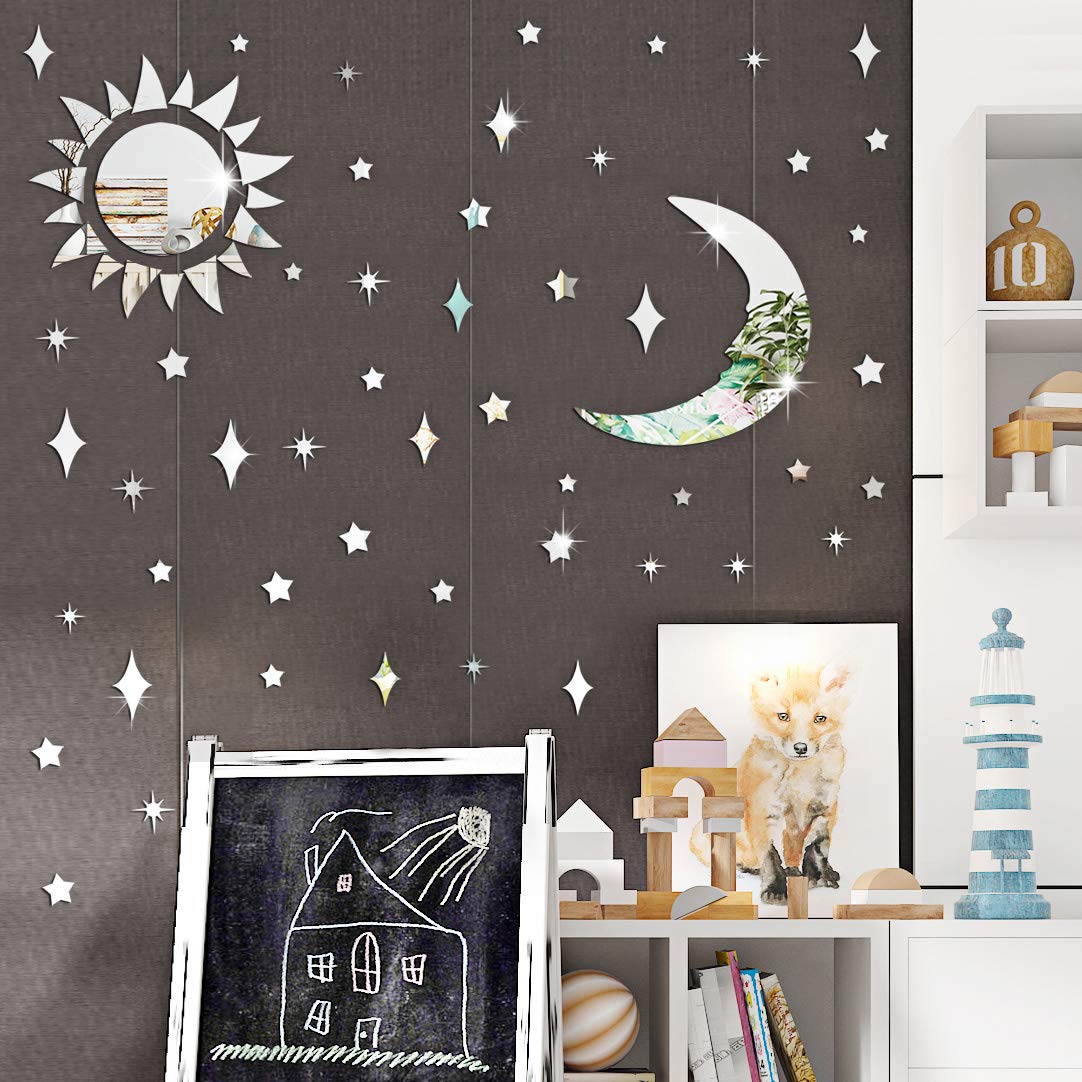 Amaonm Removable 3D Acrylic Mirror Surface Crystal Moon and Stars Wall Decal DIY Home Art Decor Wall Sticker Murals for Kids Boys and Girls Bedroom Room Ceiling Bathroom TV Background