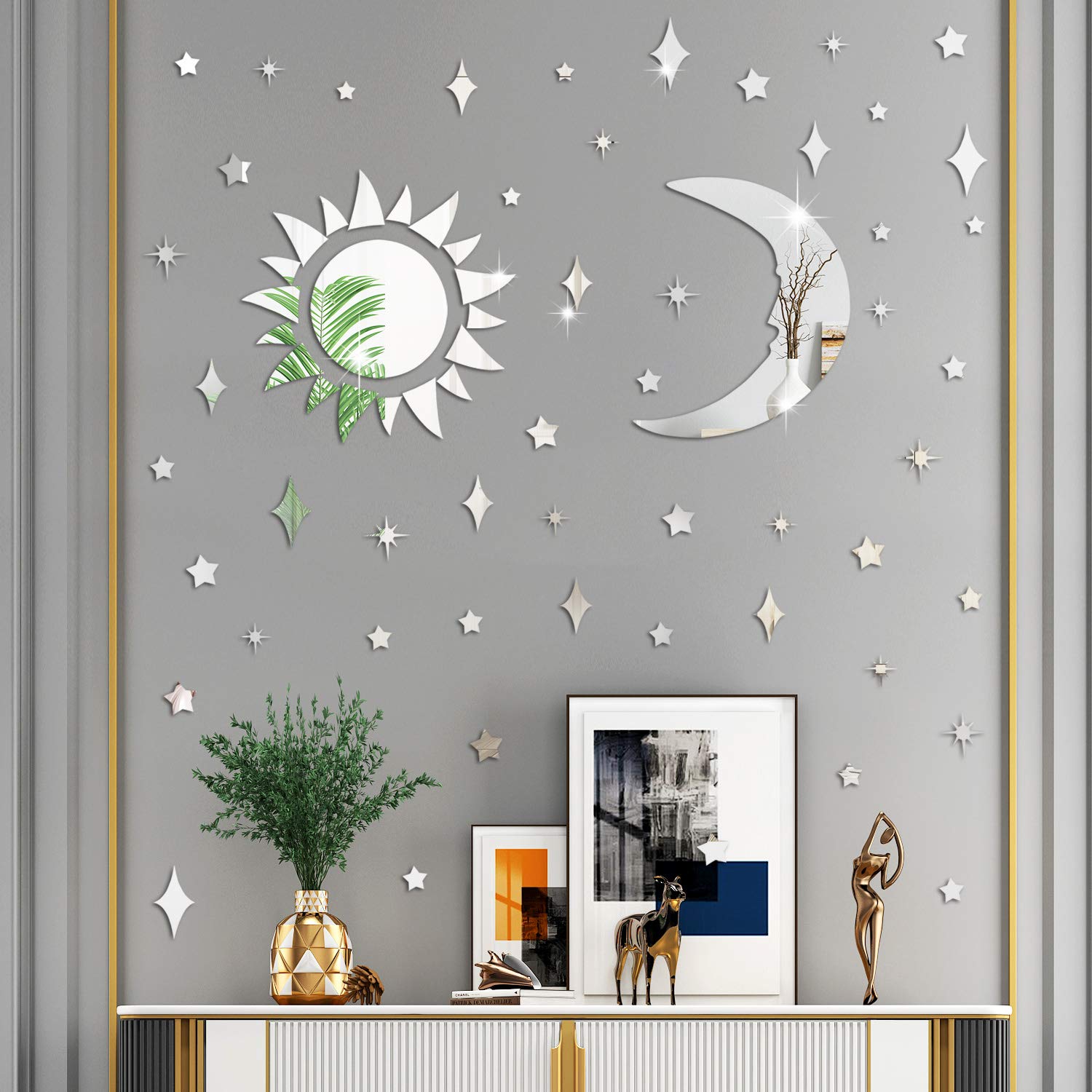 Amaonm Removable 3D Acrylic Mirror Surface Crystal Moon and Stars Wall Decal DIY Home Art Decor Wall Sticker Murals for Kids Boys and Girls Bedroom Room Ceiling Bathroom TV Background