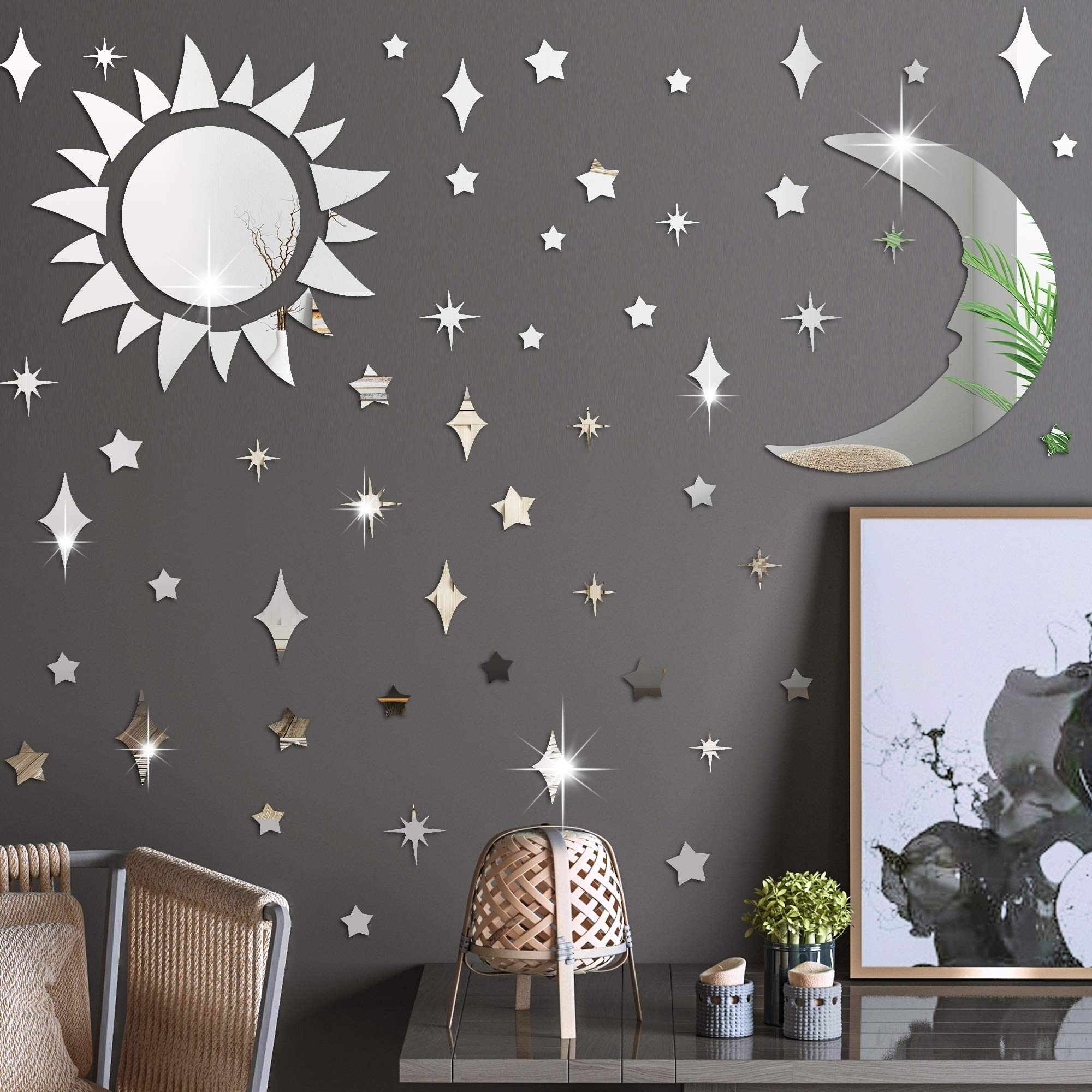 Amaonm Removable 3D Acrylic Mirror Surface Crystal Moon and Stars Wall Decal DIY Home Art Decor Wall Sticker Murals for Kids Boys and Girls Bedroom Room Ceiling Bathroom TV Background