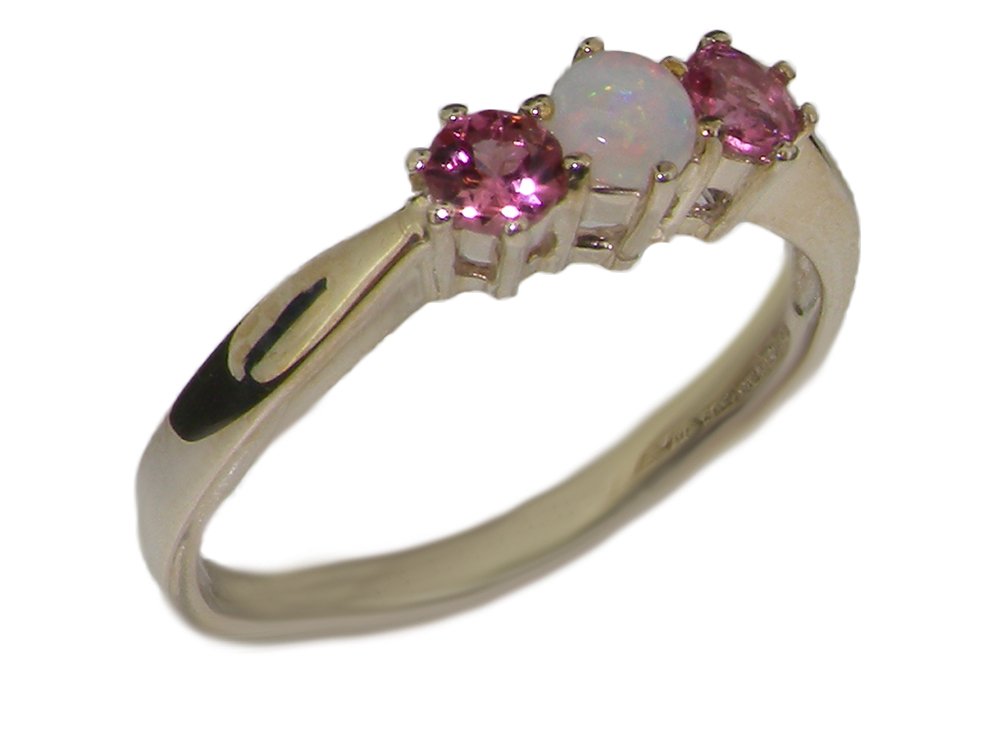 LetsBuyGold 925 Sterling Silver Natural Opal and Pink Tourmaline Womens Trilogy Ring - Size 4.25