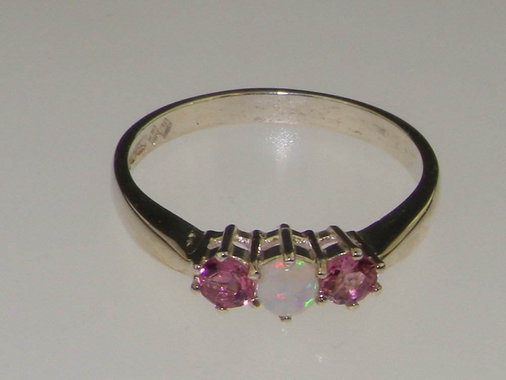 LetsBuyGold 925 Sterling Silver Natural Opal and Pink Tourmaline Womens Trilogy Ring - Size 4.25