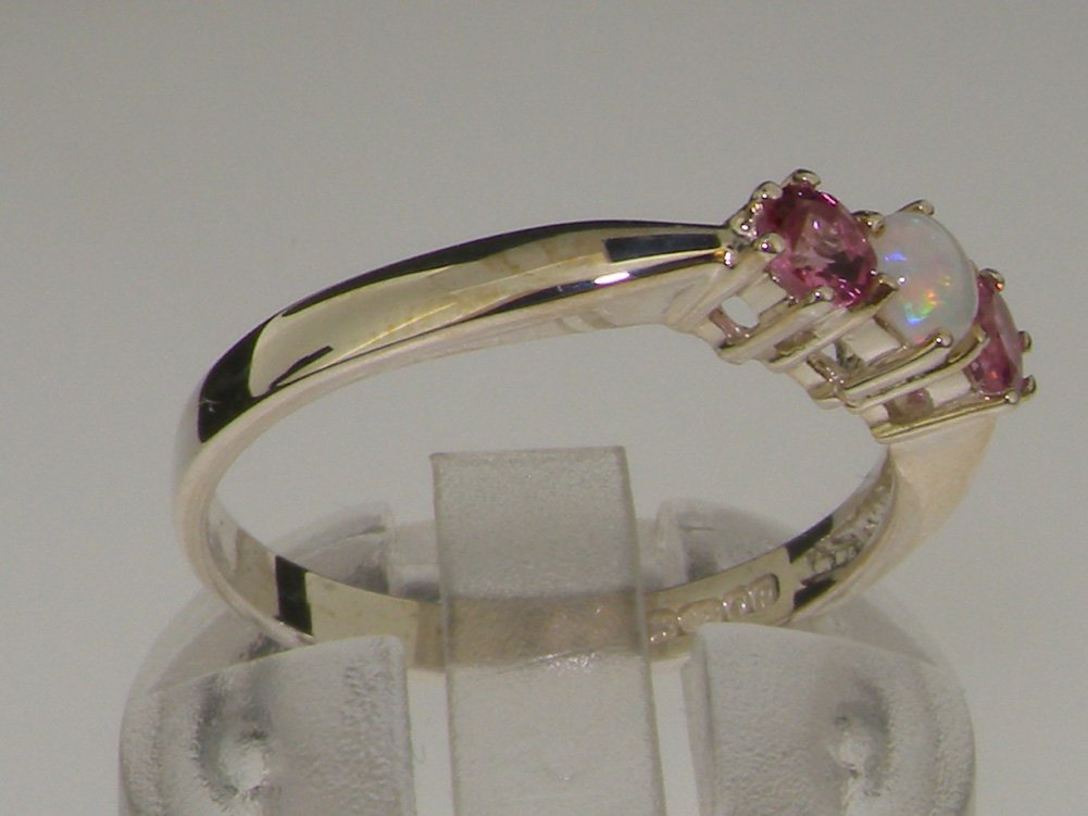 LetsBuyGold 925 Sterling Silver Natural Opal and Pink Tourmaline Womens Trilogy Ring - Size 4.25