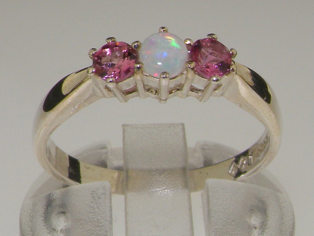 LetsBuyGold 925 Sterling Silver Natural Opal and Pink Tourmaline Womens Trilogy Ring - Size 4.25