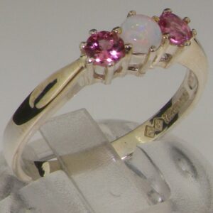 LetsBuyGold 925 Sterling Silver Natural Opal and Pink Tourmaline Womens Trilogy Ring - Size 4.25