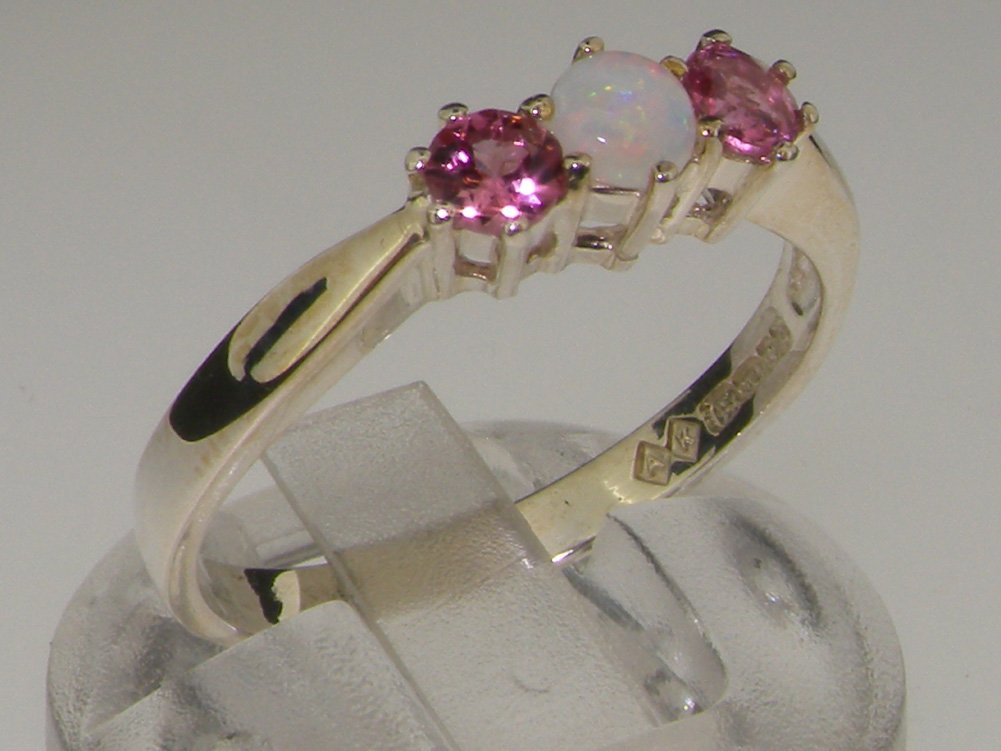 LetsBuyGold 925 Sterling Silver Natural Opal and Pink Tourmaline Womens Trilogy Ring - Size 4.25