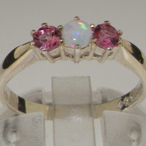 LetsBuyGold 925 Sterling Silver Real Genuine Opal and Pink Tourmaline Womens Trilogy Anniversary Ring - Size 7