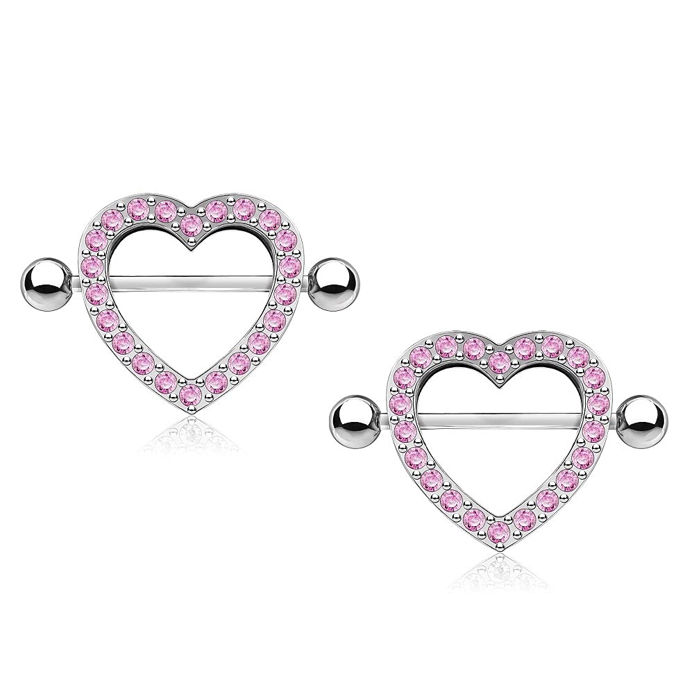 Pierced Owl 14GA Stainless Steel Gem Paved Heart Nipple Shields, Sold as a Pair (Pink)