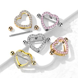 Pierced Owl 14GA Stainless Steel Gem Paved Heart Nipple Shields, Sold as a Pair (Pink)