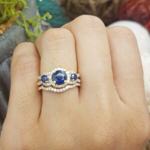 Dazzlingrock Collection Round Blue Sapphire & White Diamond Ladies 3 Stone Halo Wedding Ring Set 10K Yellow Gold, Size 5.5