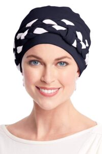 double braid turban set - all cotton 2 pc chemo cancer turbans for women double braid - navy/white