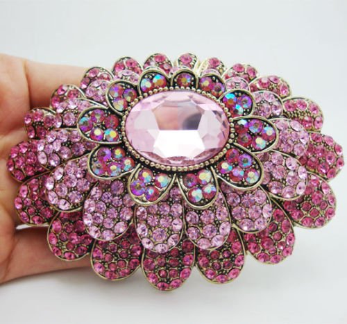 TTjewelry Sweet Pink 3 Layer Flower Austria Crystal Gold-Tone Large Brooch