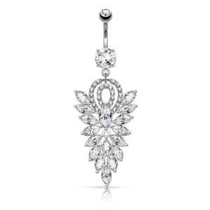 pierced owl 14ga stainless steel cz crystal cluster fancy chandelier dangling belly button ring (silver tone)