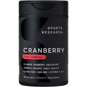 sports research cranberry fruit complex supplement - softgels for urinary tract health support - equal to 25,000mg of cranberries, made with pacran & vitamins c & e - non-gmo & gluten free - 90 count