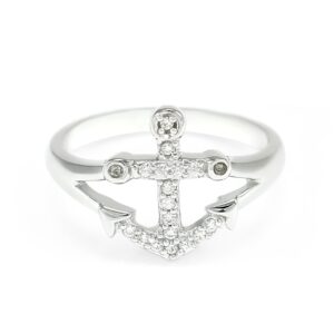 The Collegiate Standard Nautical Sterling Silver Anchor Ring with CZs - Anchor Jewelry