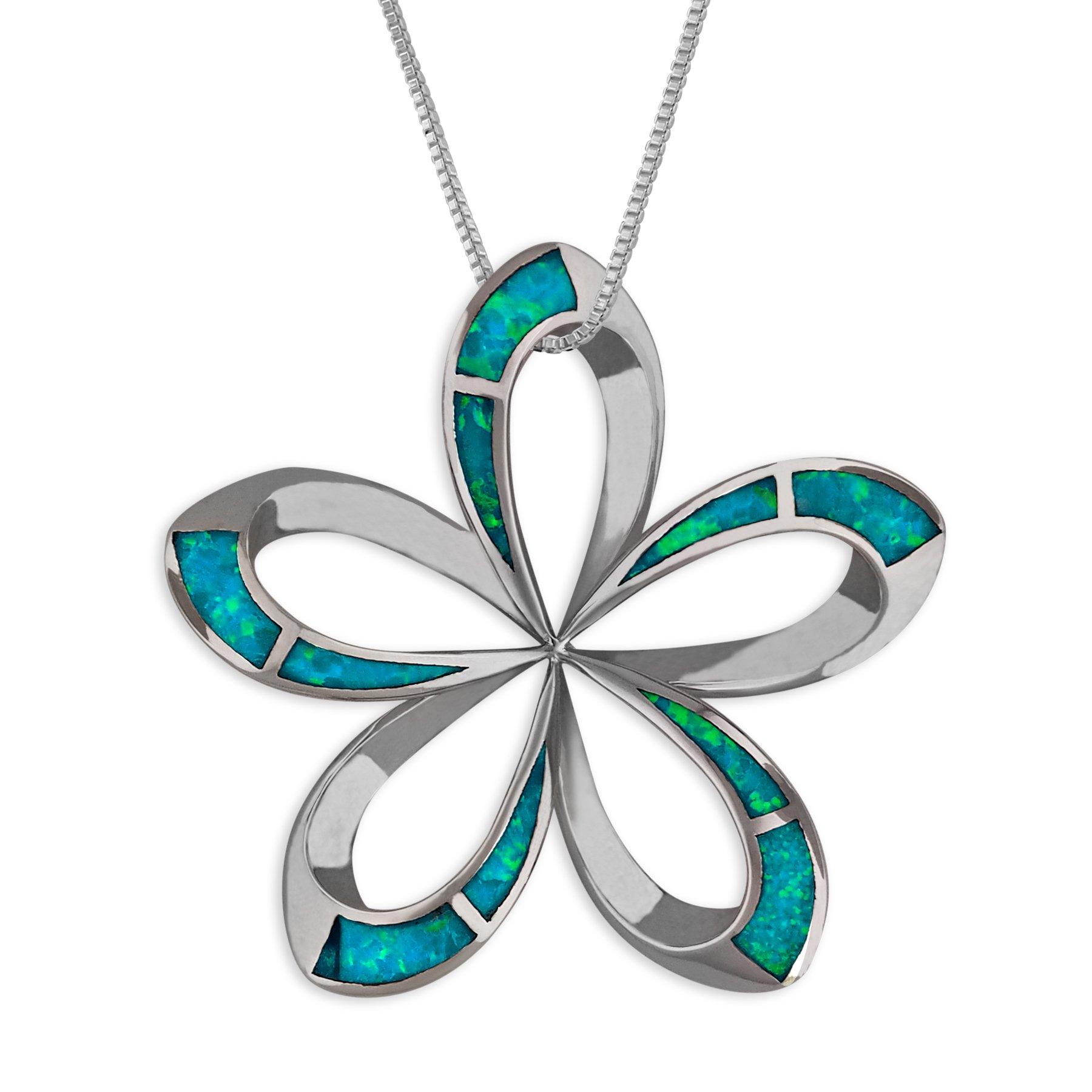 Sterling Silver Synthetic Blue Opal 21mm Open Plumeria Pendant Necklace, 16+2" Extender