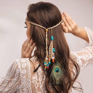 campsis indian peacock feather headbands boho princess head chain bule adjust headdress handmade rope hair accessories for women and girls (g)