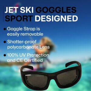 stealth hybrid goggles matte black frame/smoke sunglasses floating water jet ski goggles sport designed for kite boarding, surfer, kayak, jetskiing, other water sports.