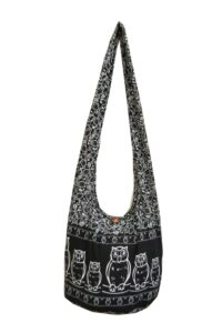 btp! owl hippie boho sling cross body bag shoulder messenger purse large (black of11)