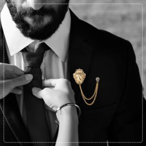 Knighthood Vintage Men Golden Crowned Lion King With Stone Hanging Chain Brooch Pins Lapel Pin, Suit Coat for Women Accessories