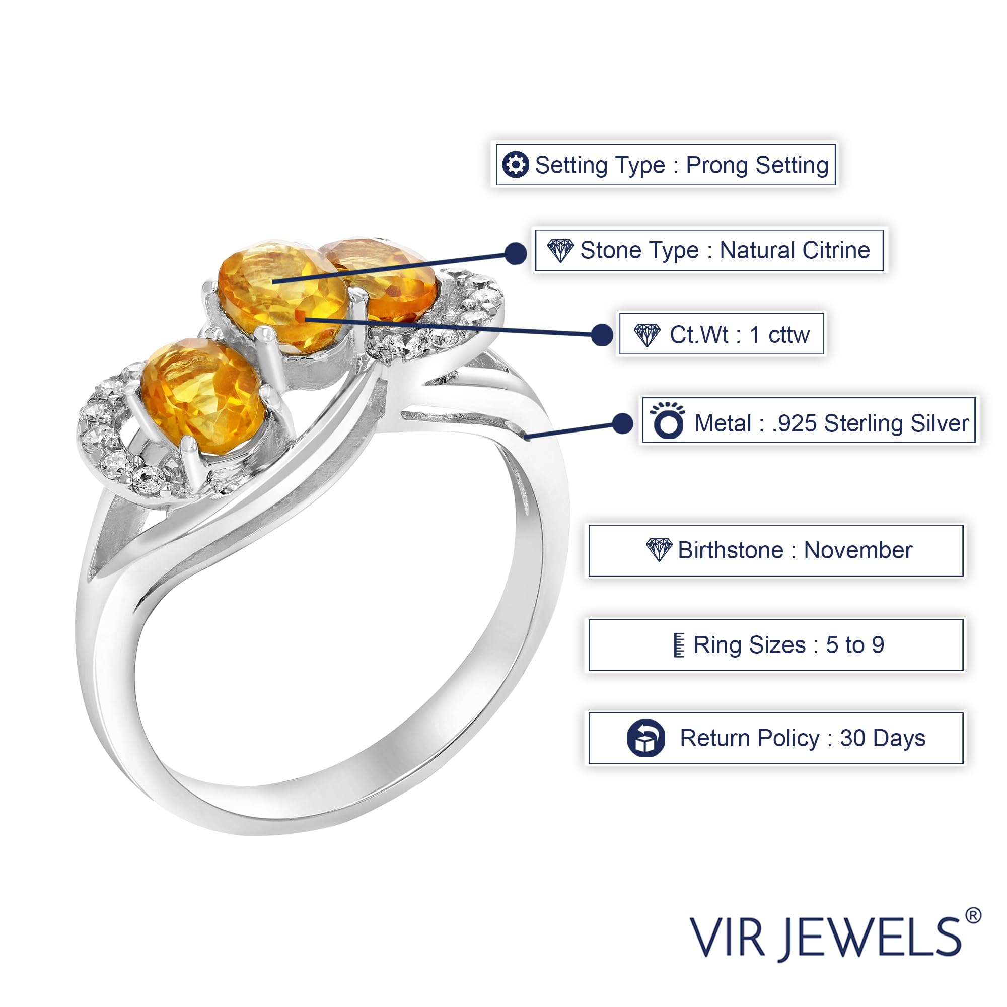 VIR JEWELS 1 cttw Citrine Ring .925 Sterling Silver with Rhodium Plating Oval Shape 6x4 MM Size 9