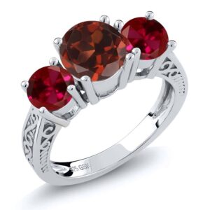 gem stone king 925 sterling silver red garnet and created ruby 3-stone ring for women (2.50 ct round, gemstone birthstone, available in size 5, 6, 7, 8, 9)