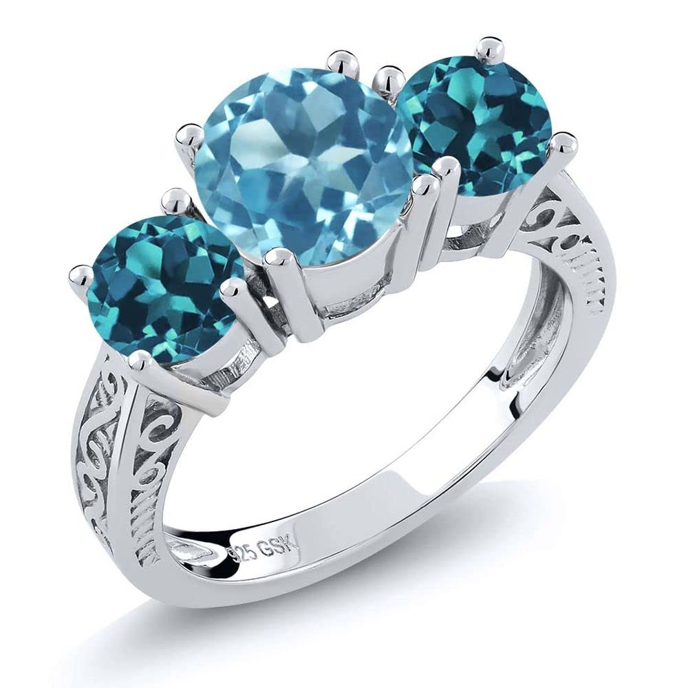 Gem Stone King 925 Sterling Silver Swiss Blue and London Blue Topaz 3-Stone Ring For Women (2.40 Cttw, Gemstone Birthstone, Available In Size 5, 6, 7, 8, 9)