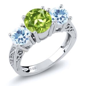 gem stone king 2.35 ct round green peridot sky blue topaz 925 sterling silver 3-stone ring (size 7)