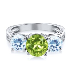 Gem Stone King 2.35 Ct Round Green Peridot Sky Blue Topaz 925 Sterling Silver 3-Stone Ring (Size 7)