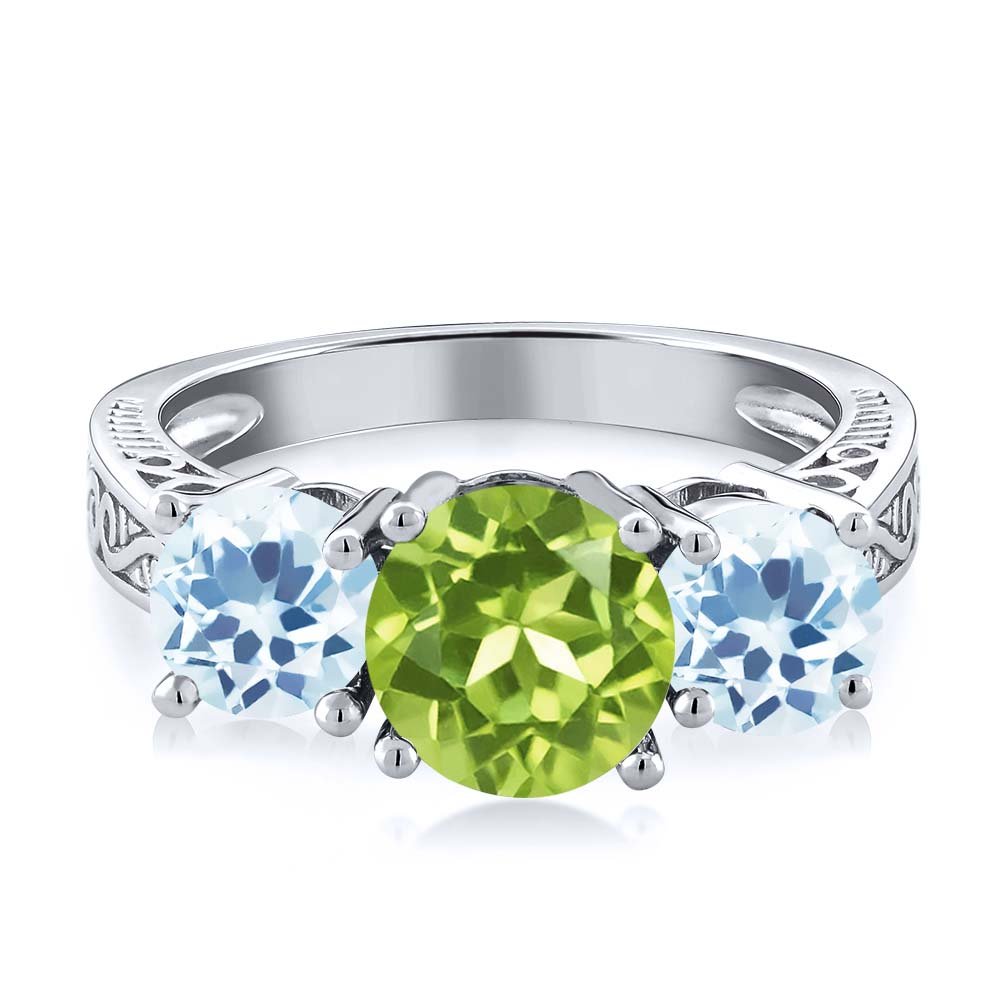 Gem Stone King 2.35 Ct Round Green Peridot Sky Blue Topaz 925 Sterling Silver 3-Stone Ring (Size 7)