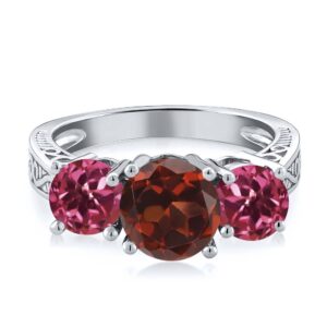 Gem Stone King 925 Sterling Silver Round Red Garnet and Pink Tourmaline 3-Stone Ring For Women (2.30 Cttw, Gemstone Birthstone, Available In Size 5, 6, 7, 8, 9)