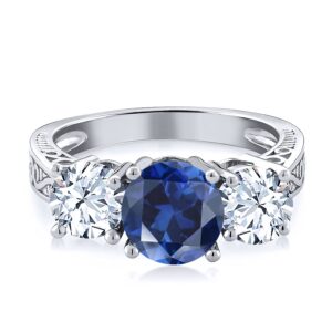 Gem Stone King 925 Sterling Silver Blue Created Sapphire 3 Stone Engagement Ring For Women (3.17 Cttw, Available In Size 5, 6, 7, 8, 9)