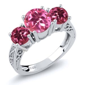 gem stone king 925 sterling silver pink mystic topaz and tourmaline 3-stone ring for women (2.30 cttw, gemstone birthstone, available in size 5, 6, 7, 8, 9)