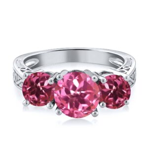 Gem Stone King 925 Sterling Silver Pink Mystic Topaz and Tourmaline 3-Stone Ring For Women (2.30 Cttw, Gemstone Birthstone, Available in size 5, 6, 7, 8, 9)