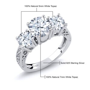 Gem Stone King 925 Sterling Silver White Topaz 3-Stone Engagement Ring For Women (2.90 Cttw, Gemstone Birthstone, Round 7MM and 5MM, Available In Size 5, 6, 7, 8, 9)