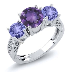 gem stone king 925 sterling silver purple amethyst and blue tanzanite 3-stone ring for women (2.02 cttw, round gemstone birthstone, available in size 5, 6, 7, 8, 9)