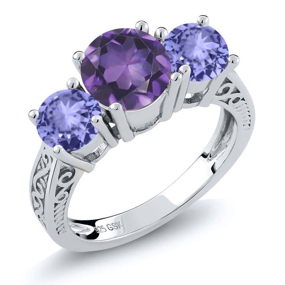 Gem Stone King 925 Sterling Silver Purple Amethyst and Blue Tanzanite 3-Stone Ring For Women (2.02 Cttw, Round Gemstone Birthstone, Available in size 5, 6, 7, 8, 9)