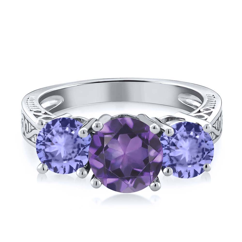 Gem Stone King 925 Sterling Silver Purple Amethyst and Blue Tanzanite 3-Stone Ring For Women (2.02 Cttw, Round Gemstone Birthstone, Available in size 5, 6, 7, 8, 9)