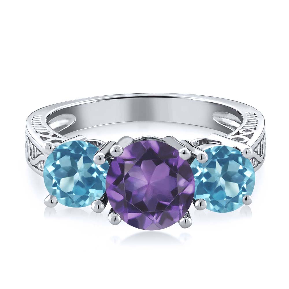 Gem Stone King 925 Sterling Silver Purple Amethyst and Swiss Blue Topaz 3 Stone Women's Engagement Ring (2.10 Cttw, Gemstone Birthstone, Available In Size 5, 6, 7, 8, 9)