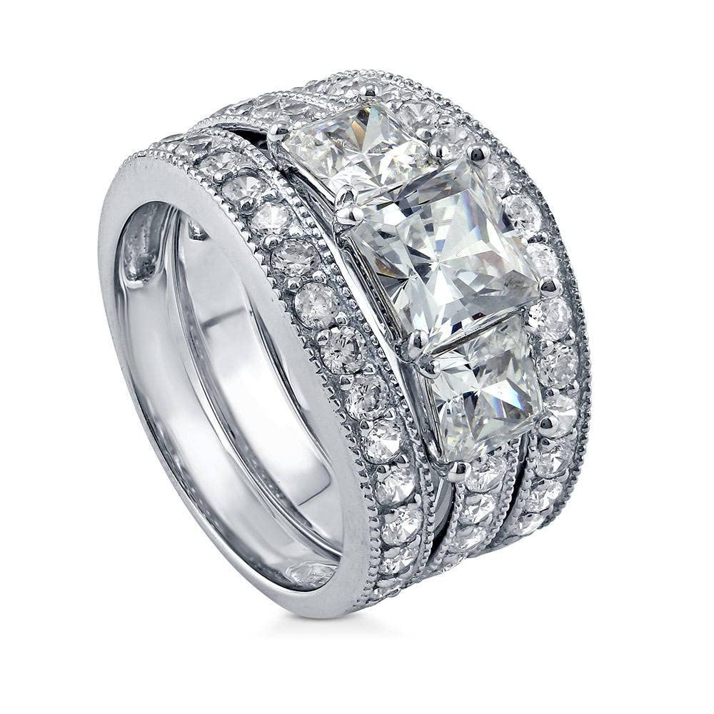 BERRICLE Sterling Silver 3-Stone Wedding Engagement Rings Princess Cut Cubic Zirconia CZ Ring Set for Women, Rhodium Plated Size 8.5