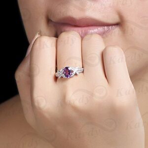 Women's Natural Fashion Purple Amethyst Gemstone Engagement Wedding White Gold 14K Diamond Bands Ring Set