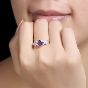 Women's Natural Fashion Purple Amethyst Gemstone Engagement Wedding White Gold 14K Diamond Bands Ring Set