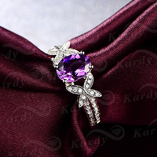 Women's Natural Fashion Purple Amethyst Gemstone Engagement Wedding White Gold 14K Diamond Bands Ring Set