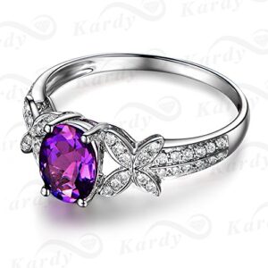 Women's Natural Fashion Purple Amethyst Gemstone Engagement Wedding White Gold 14K Diamond Bands Ring Set