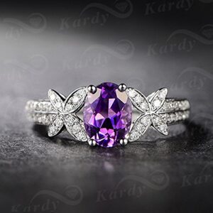 Women's Natural Fashion Purple Amethyst Gemstone Engagement Wedding White Gold 14K Diamond Bands Ring Set