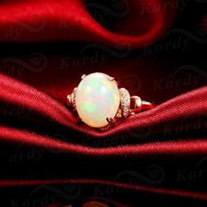 Kardy Vintage Genuine Opal Gemstone Engagement Oval Wedding Diamond Band Ring Anniversary Solid 14K Rose Gold for Women