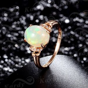 Kardy Vintage Genuine Opal Gemstone Engagement Oval Wedding Diamond Band Ring Anniversary Solid 14K Rose Gold for Women