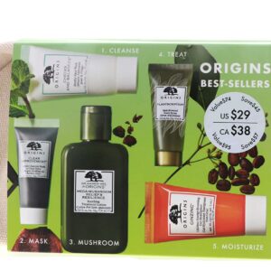 Origins Best Sellers Set for Women - 5 Pc 1oz Checks Face Wash, 3.8oz Lotion, 0.5oz Clear Charcoal Face Mask,1.62oz Serum, 1.69oz Moisturizer